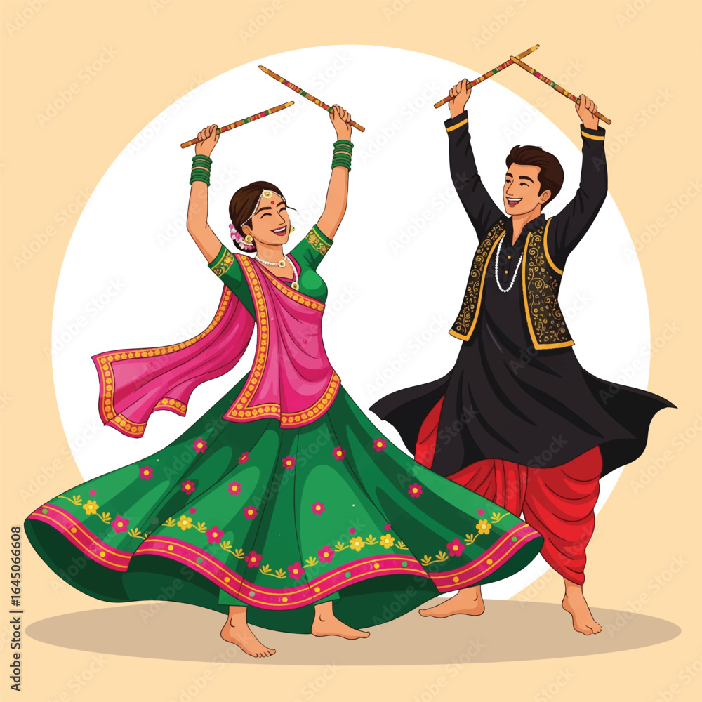 Traditional Gujarati Couple Performing Garba Dance with Dandiya Sticks ...
