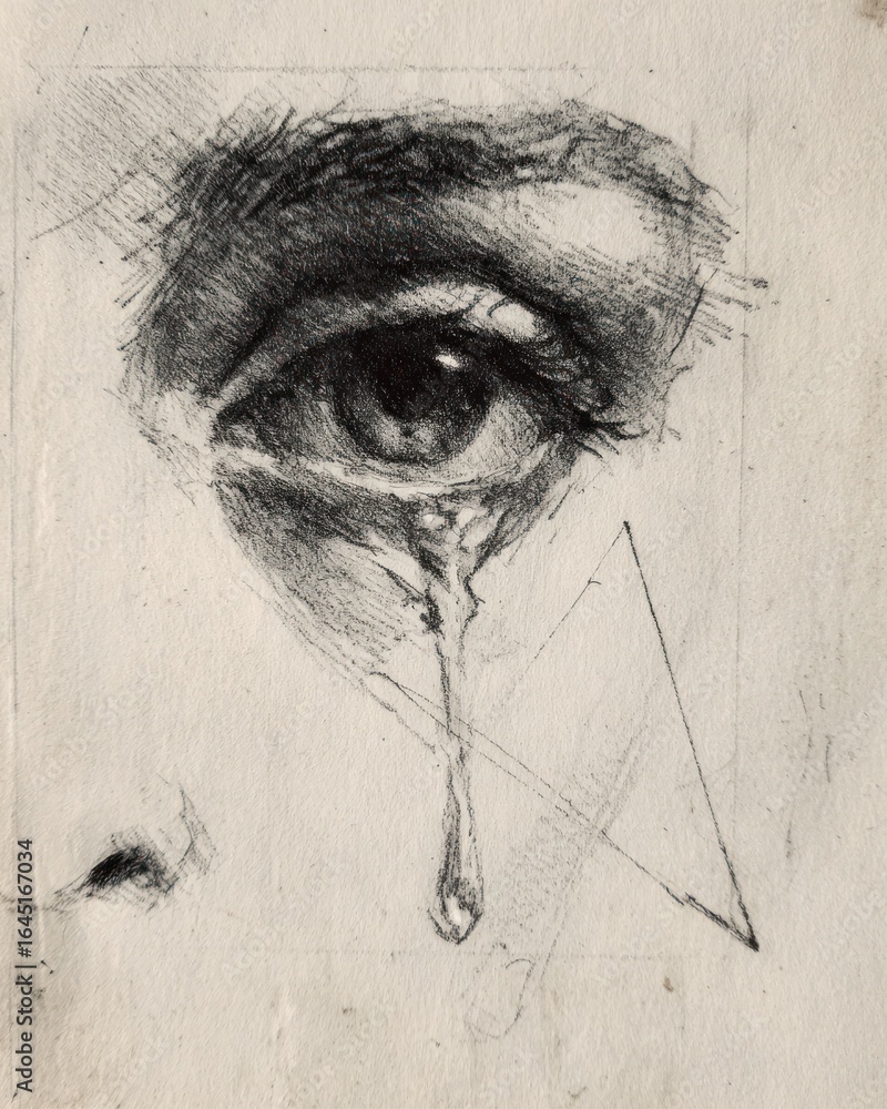 Detailed sketch of a human eye with tear, with a geometric shape on ...