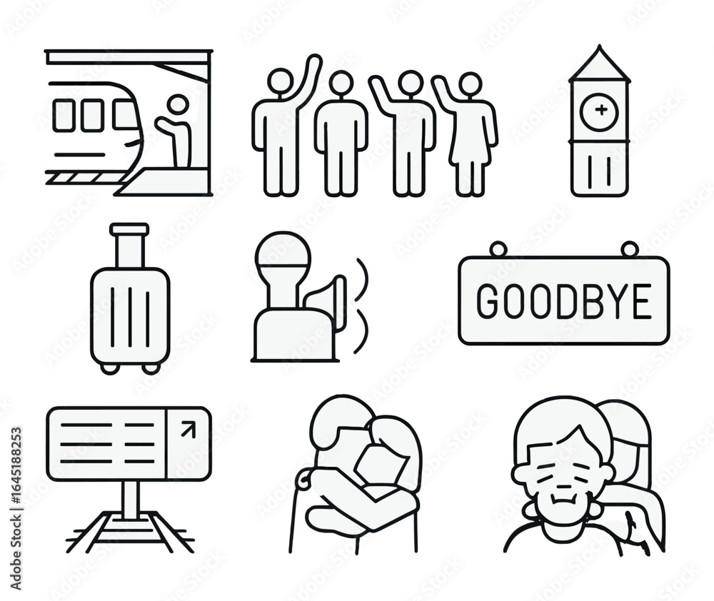 Train Station Farewell Icons. Outline icon set of farewells at the ...