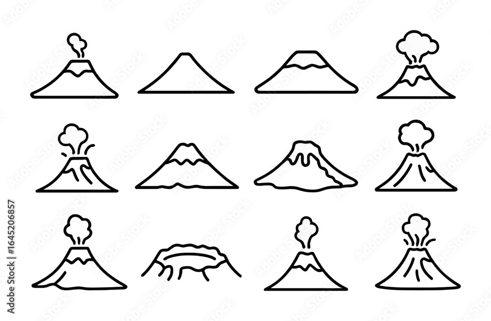 Famous Volcano Icons. Outline vector icons of famous volcanoes: Mount ...