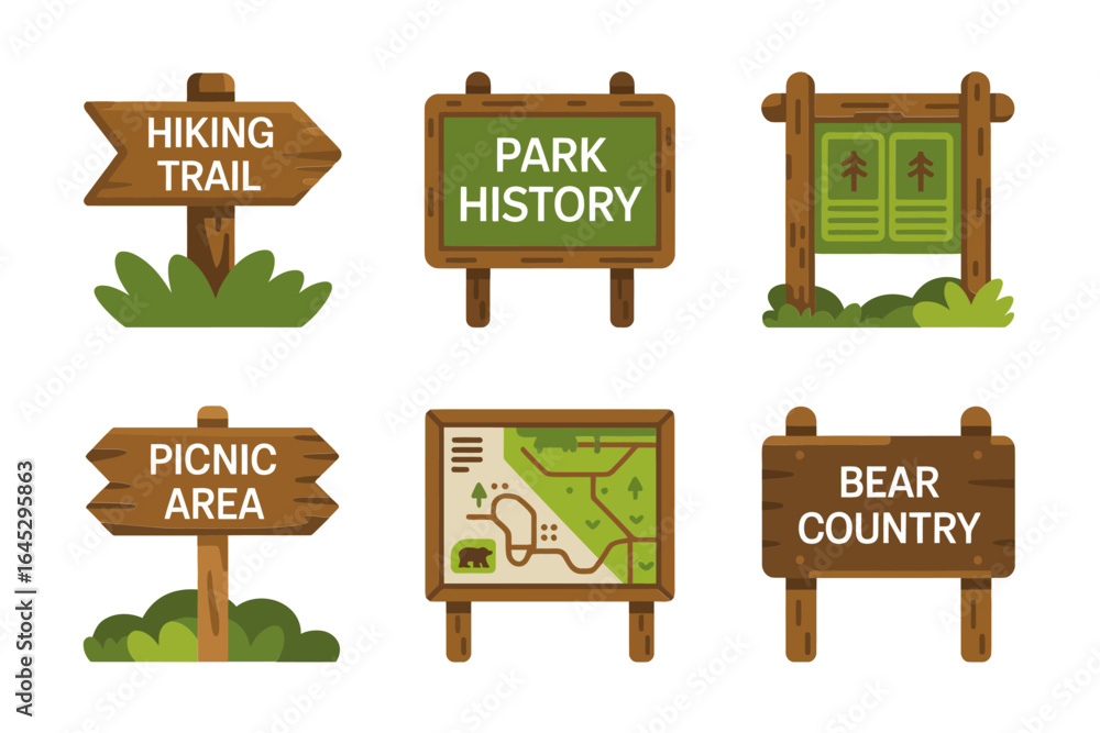 Park signpost icon set, hiking trail picnic area map board vector ...