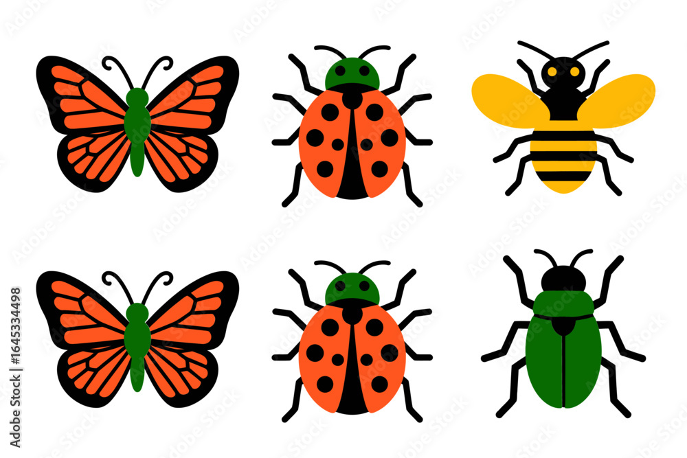 Spring insect icons, butterfly ladybug bee beetle, garden bugs ...