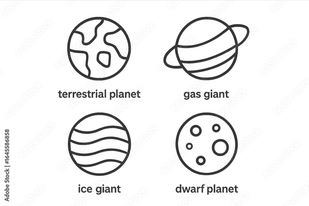 Planetary icon set. Four outline icons of planets: terrestrial, gas ...
