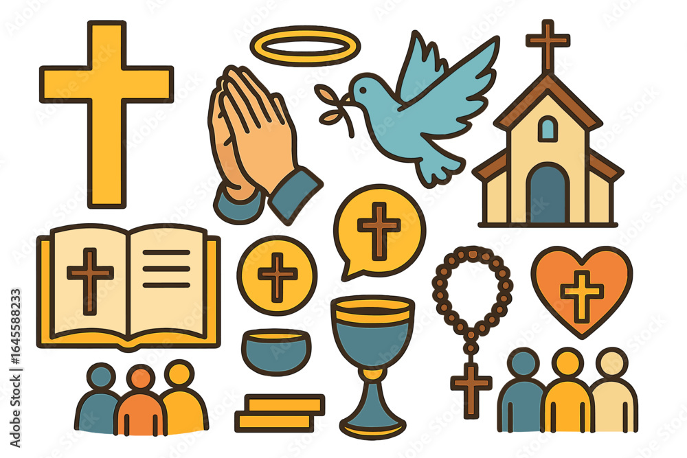 Christian religion icons set. Faith, spirituality symbols. Church ...