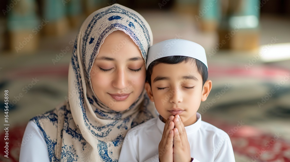 South asian muslim mother and son praying peacefully together portrait ...