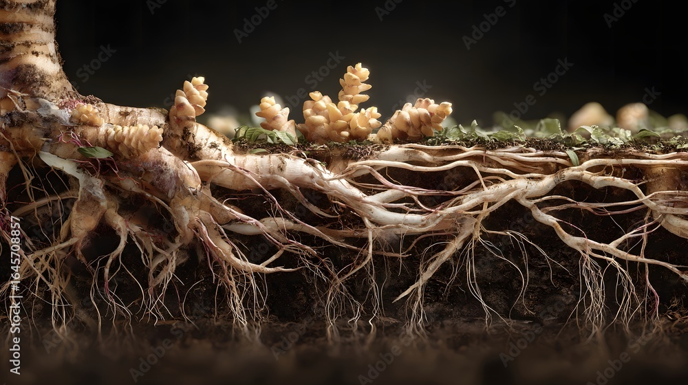 Cross section of a ginger root system with visible rhizomes and ...