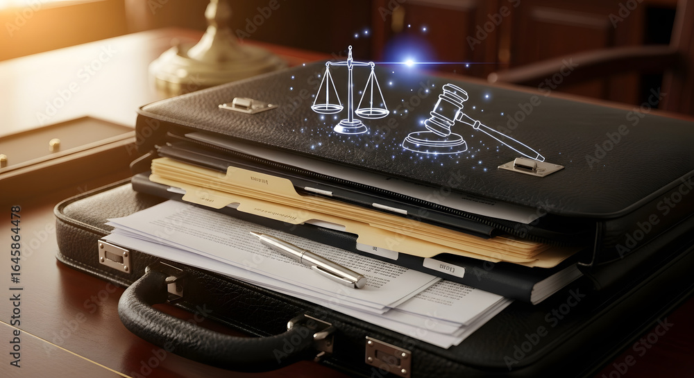 Professional legal briefcase overflowing with documents and illuminated ...