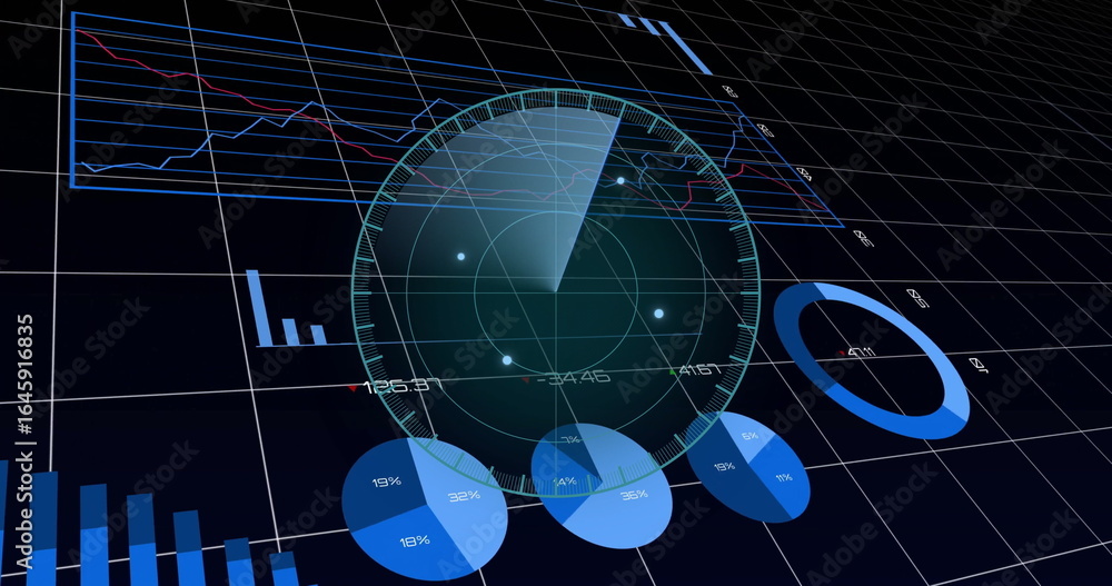 Fotografie Displaying circular radar sweeping beam on grid dashboard ...