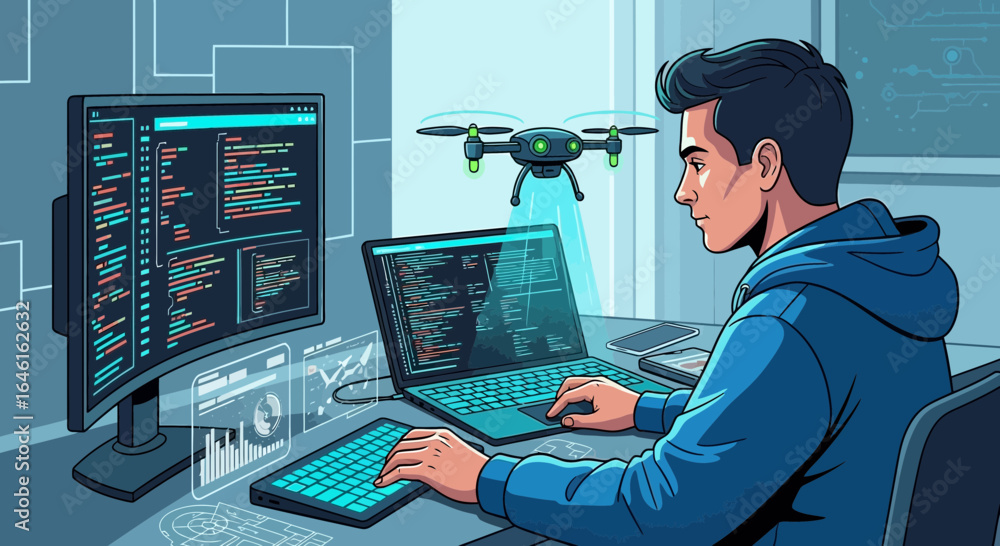 Programmer coding with drone technology, illustrating the fusion of ...