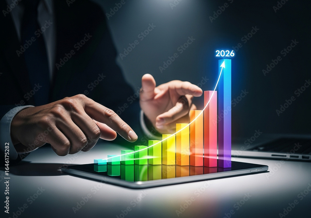 Photo of businessman pointing at a 3d bar graph projecting a positive ...