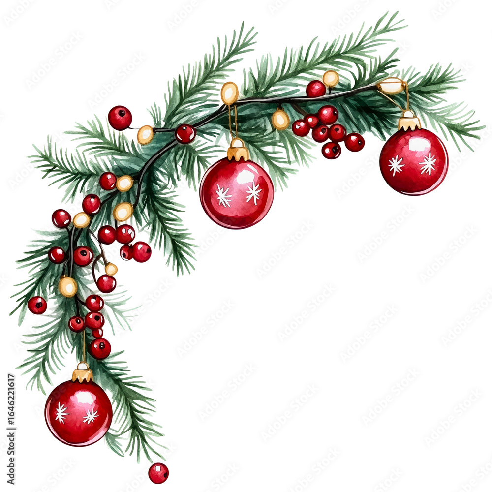 Watercolor Christmas corner decoration, festive red and green baubles ...