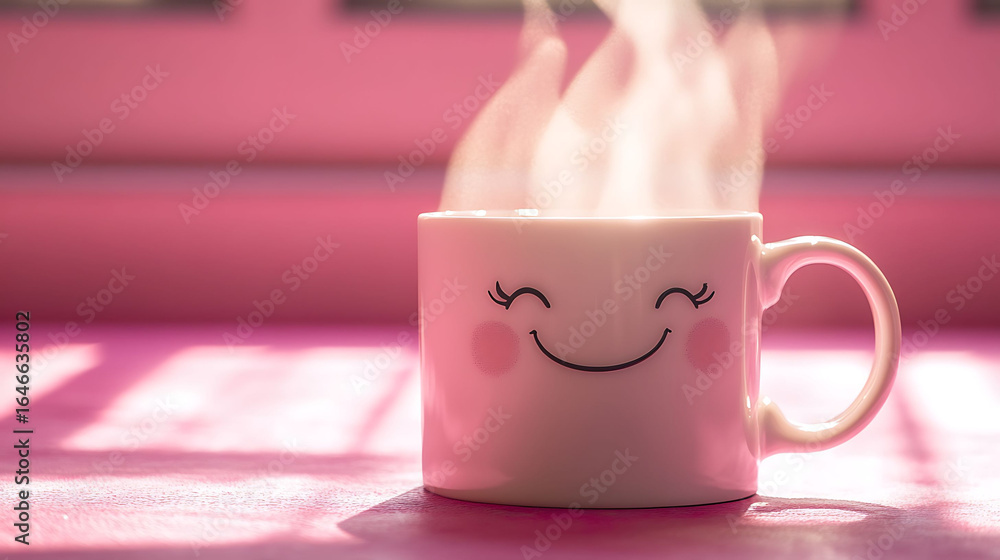 Smiley-faced mug with subtle rosy cheeks, captured on a radiant pink ...