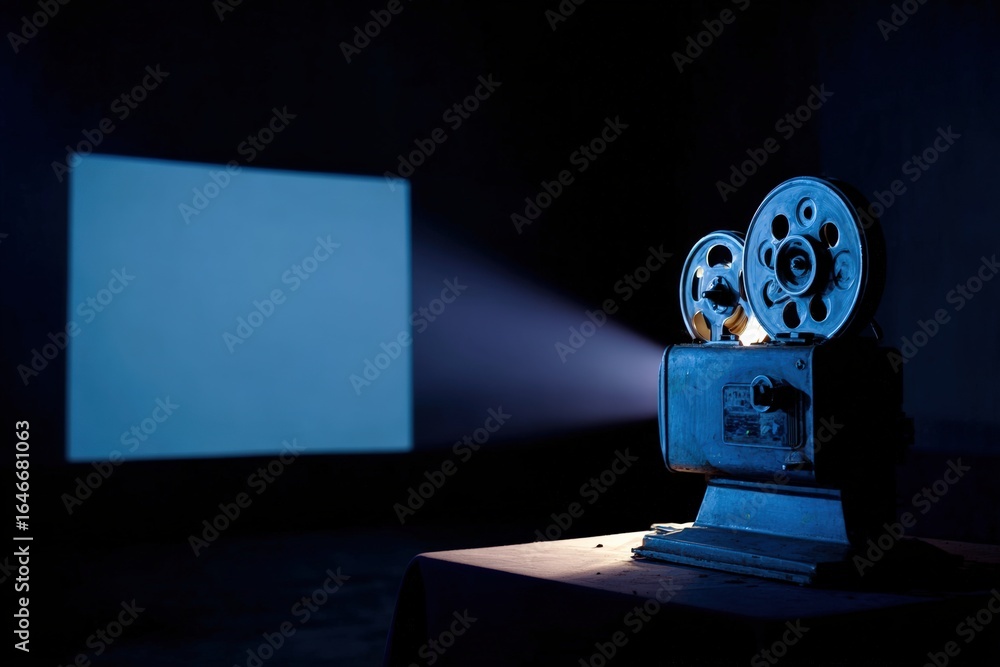 Old style movie projector casting a bright light beam onto a white ...