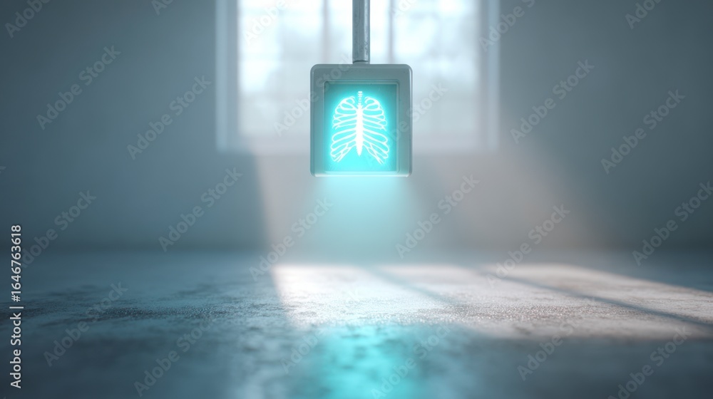Medical X ray of a human rib cage glowing blue within a metallic frame ...