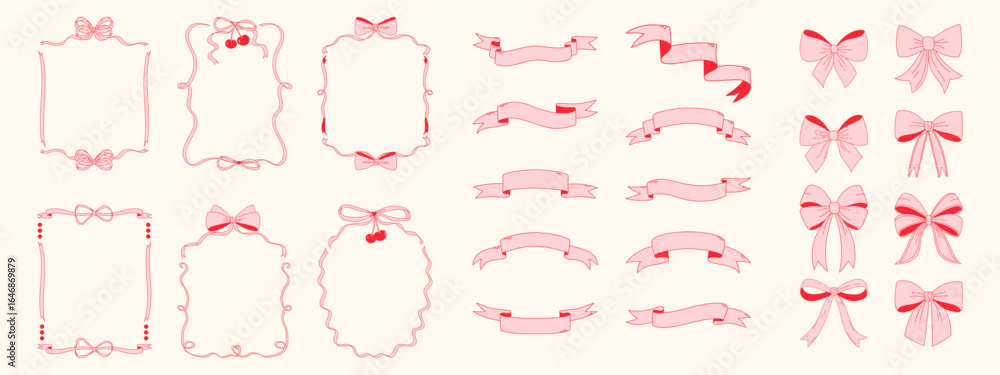 Pink coquette borders, banners and bows. Coquette style. Vintage design ...