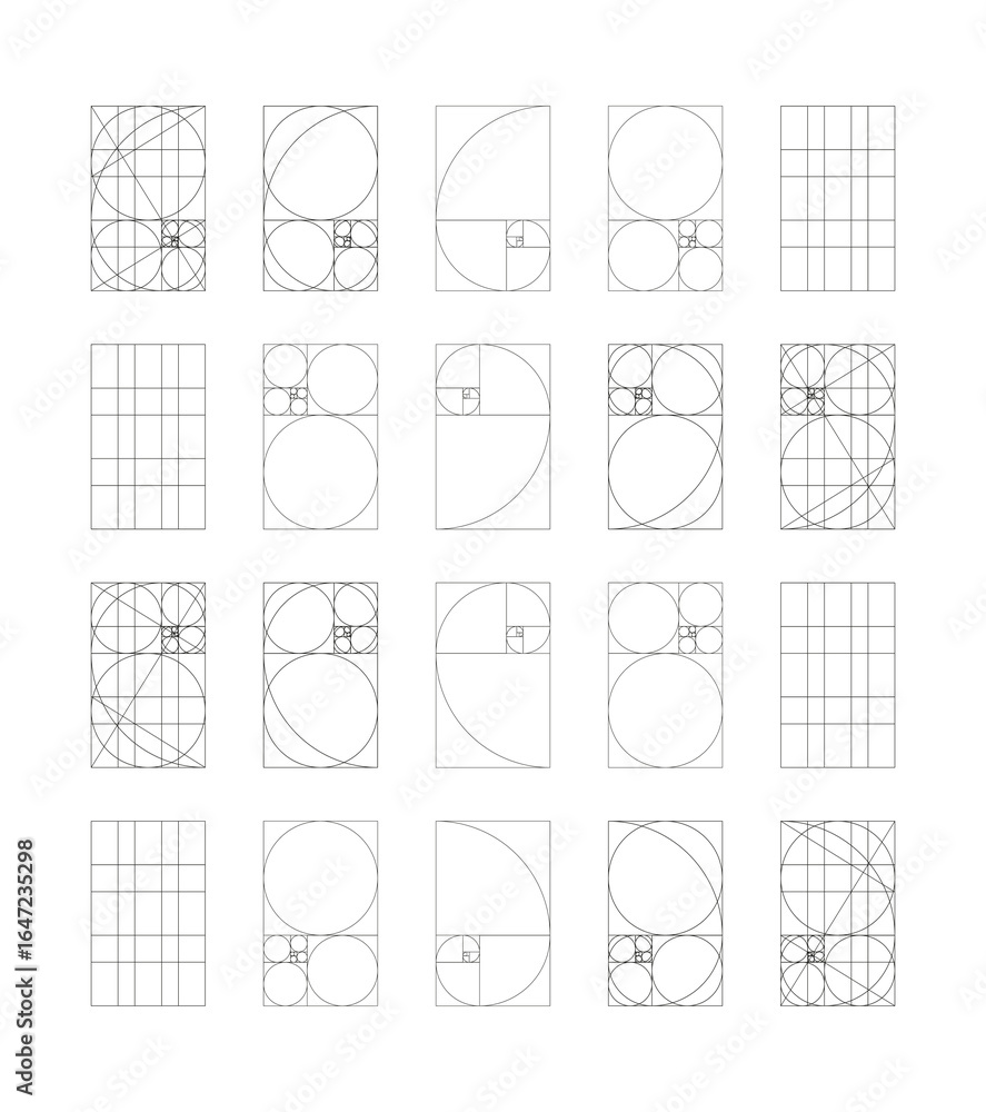 Big set of Golden ratio template. Fibonacci array, numbers form. Method ...