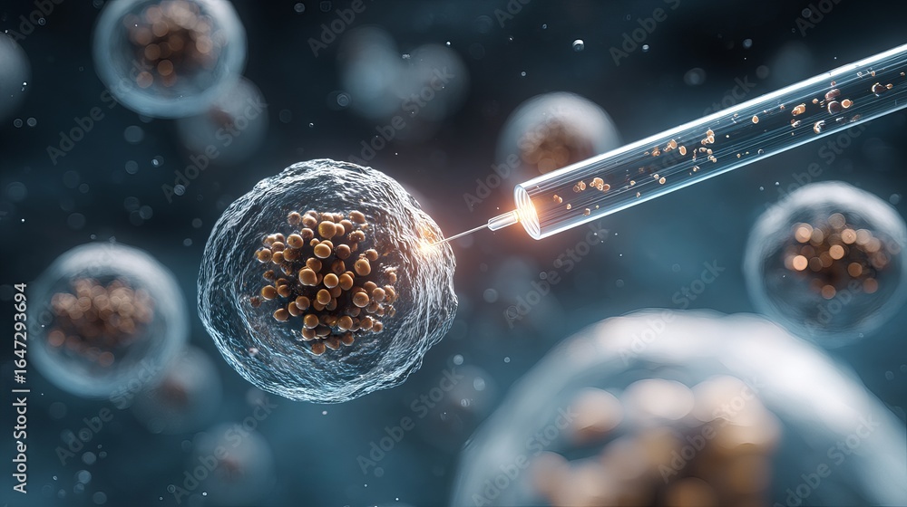 Microscopic view of cells with a syringe injecting a substance into a ...