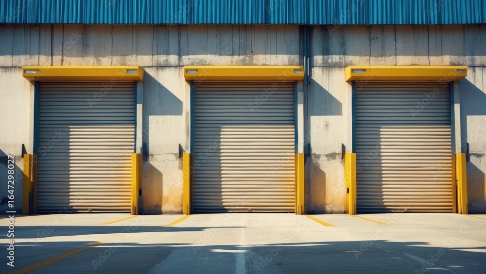 Three warehouse doors with yellow safety barriers and blue windows ...