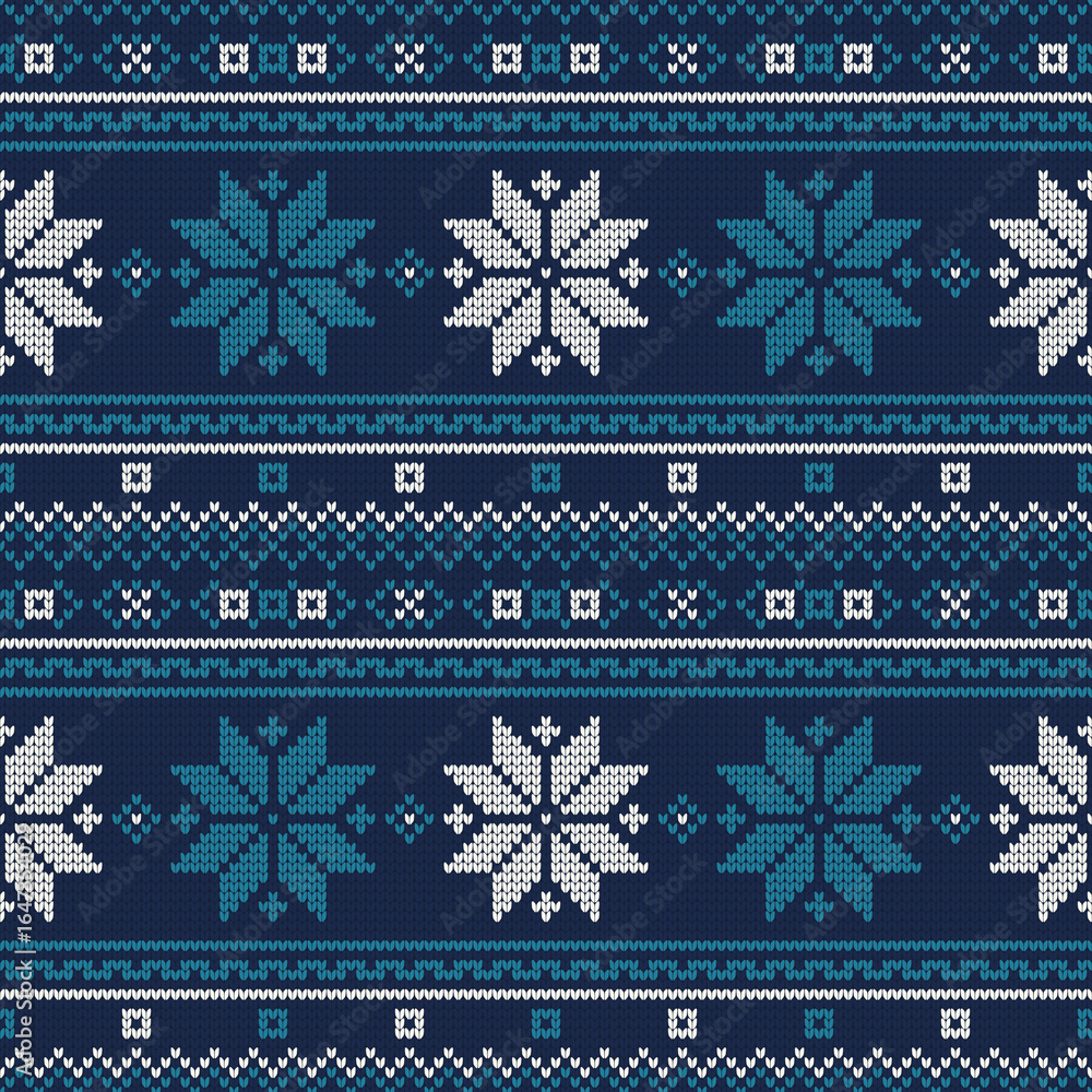 Seamless blue knitted winter sweater pattern with snowflakes and ...