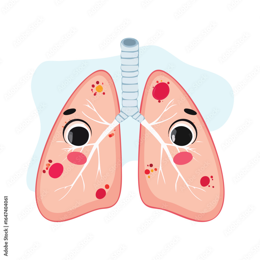 Cartoon illustration of human lungs with visible signs of infection and ...