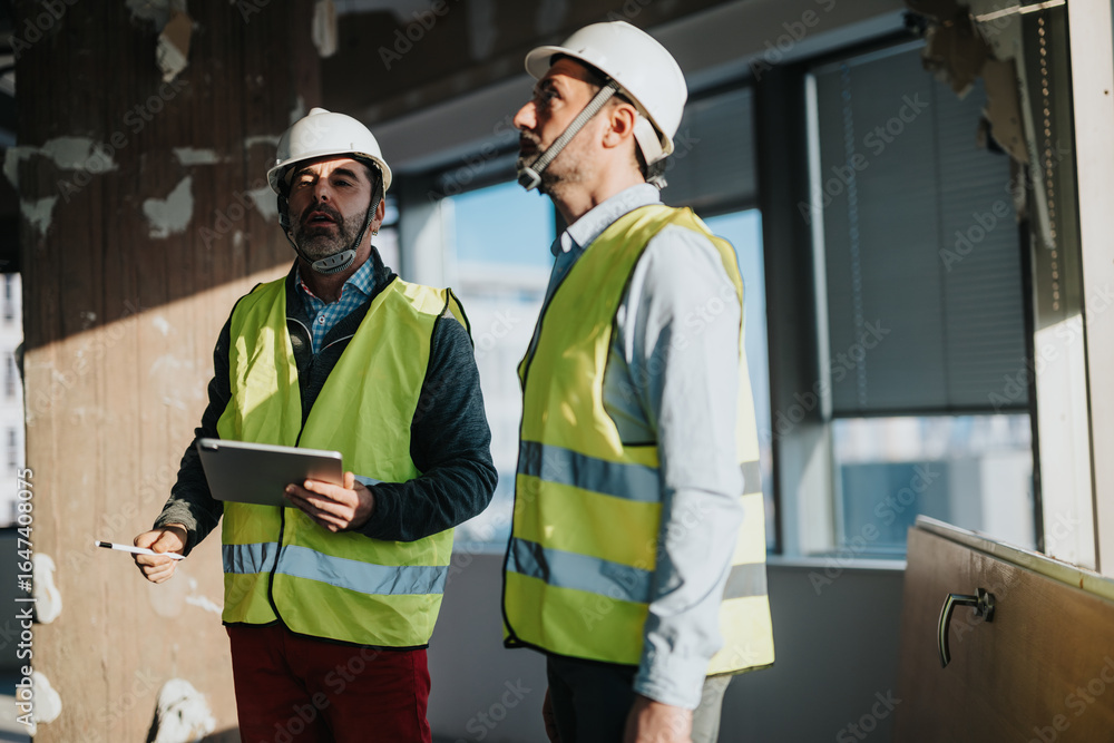 Two construction workers, wearing safety gear, analyze and plan a ...
