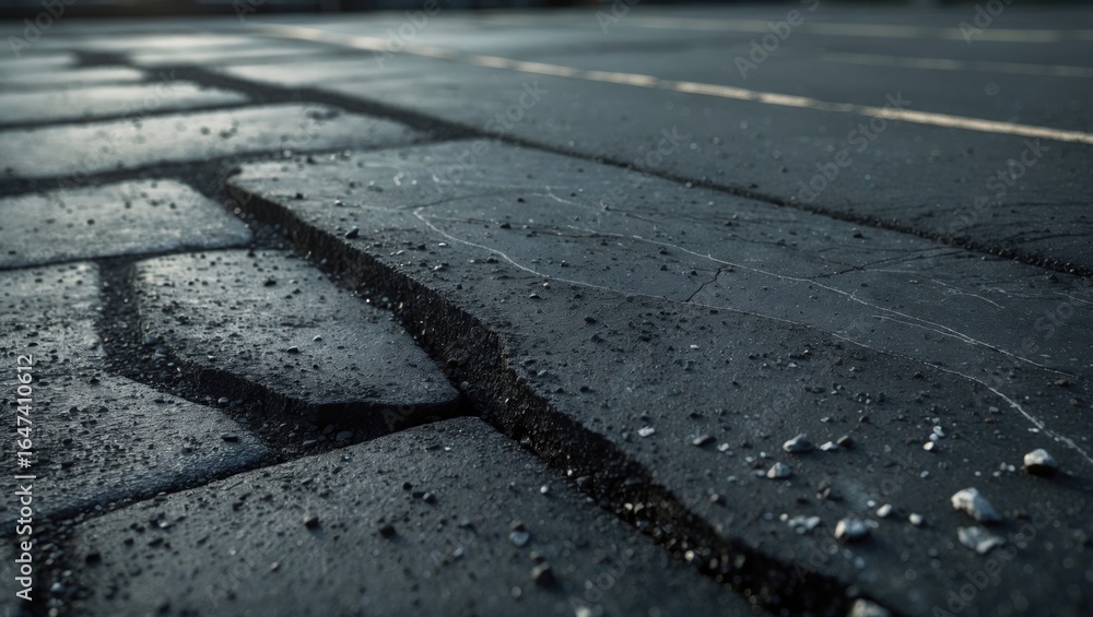 Close-up of cracked asphalt street surface with damaged pavement. Urban ...