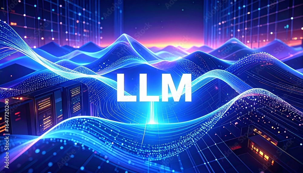 White glowing LLM text over detailed data particle waveform in ...