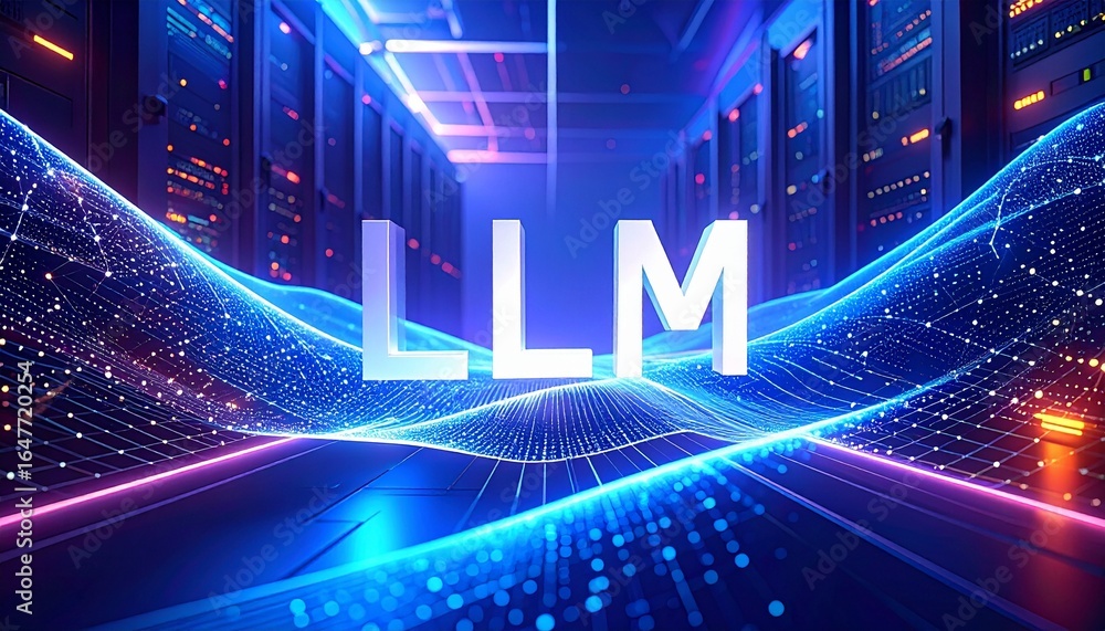 White glowing LLM text over detailed data particle waveform in ...