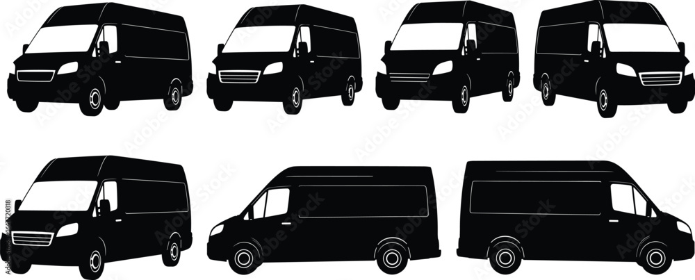 Cargo Van Silhouette Vector Set, Commercial Delivery Vehicle Icons in ...
