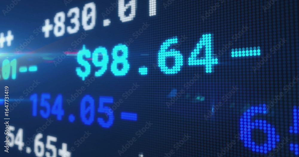 Displaying LED panel at trading board showing pixelated $ symbols and ...