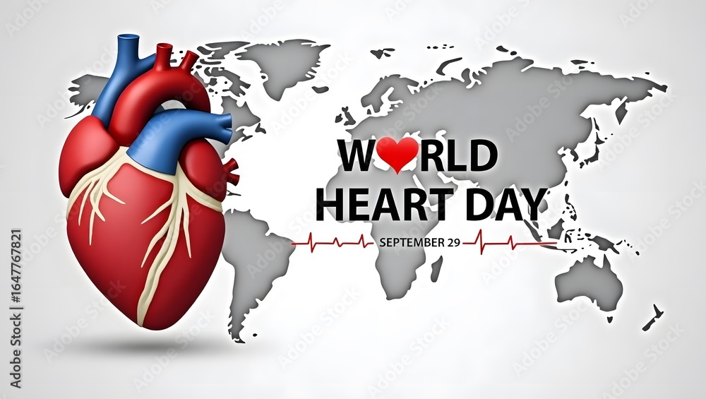 Realistic human heart and world map for World Heart Day September 29 ...