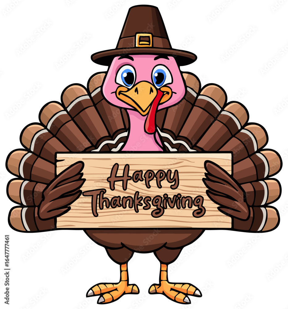 Cute cartoon thanksgiving turkey holding a sign that reads Happy ...