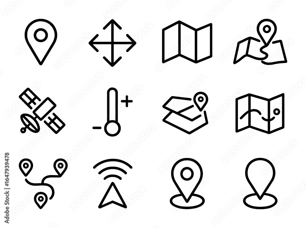 Digital Mapping Icons. Outline vector icons of digital mapping tools ...
