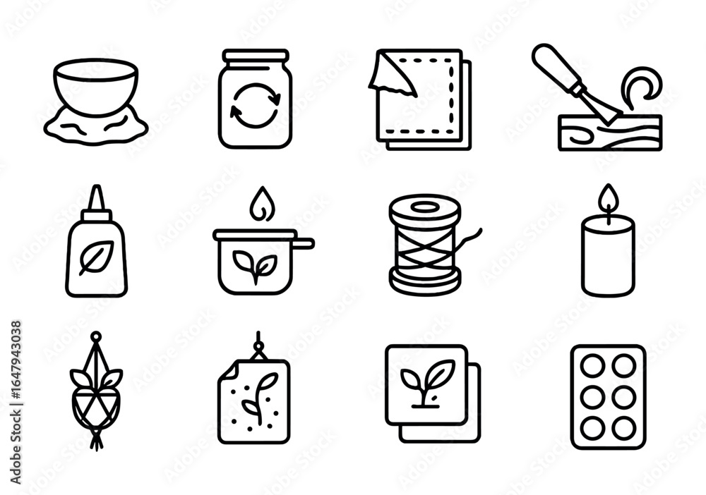 DIY Craft Icon Set. Outline icon set of DIY sustainable crafts: paper ...
