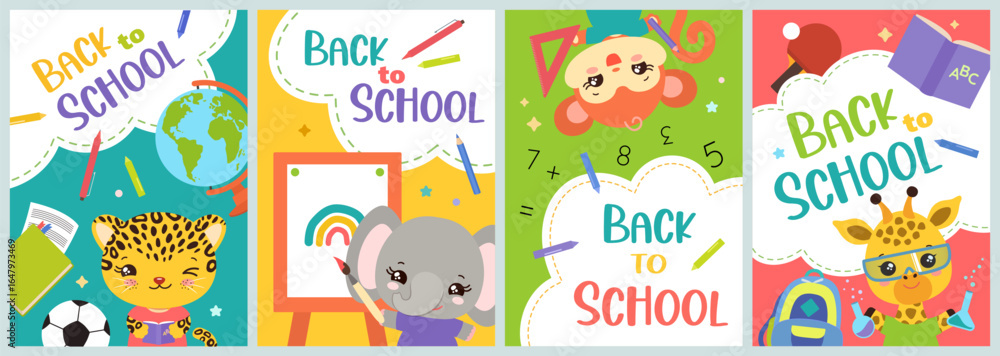 Back to school posters with cute cartoon animals. For banner, book ...