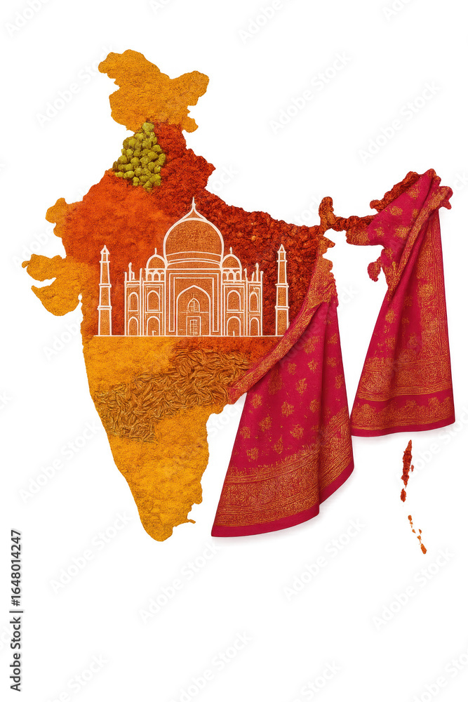 India map made of spices with Taj Mahal and traditional sari on ...