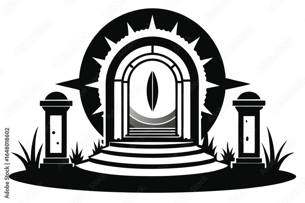 Vector de Stock Black and White Graphic Portal with Steps, Eye Shape ...
