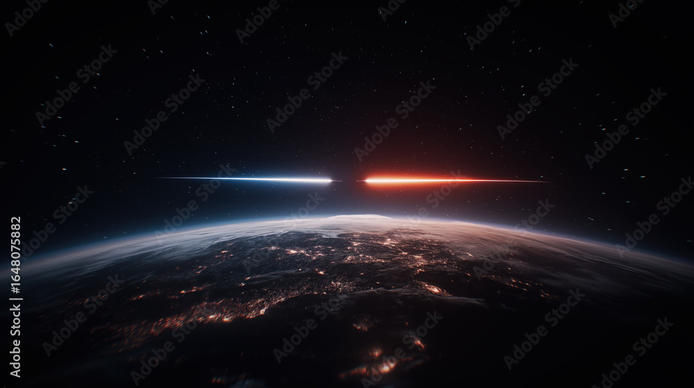 Planetary conflict with two opposing missiles in outer space above ...