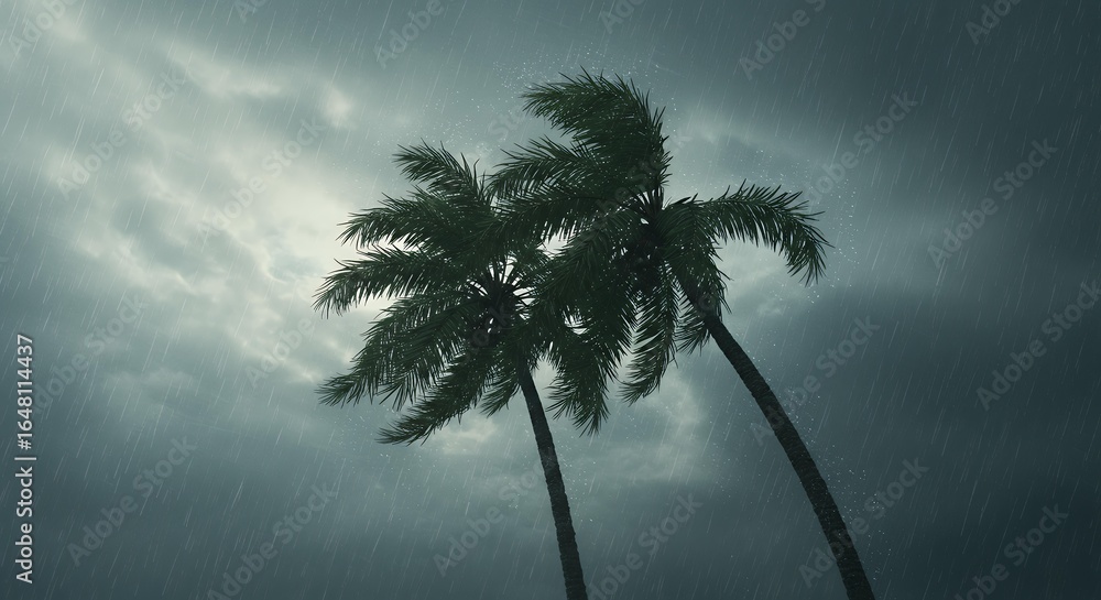 Palm trees bending in heavy tropical storm with dramatic rain streaks ...
