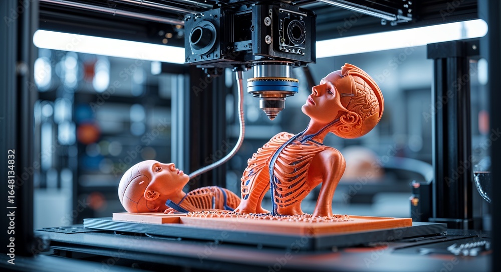 A three d printer creating a human anatomy model with skull and ...