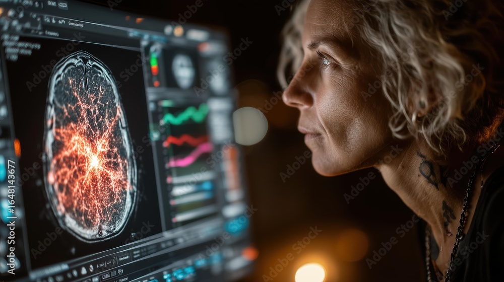 Clinician examining AI-enhanced MRI brain scan with neural activity ...