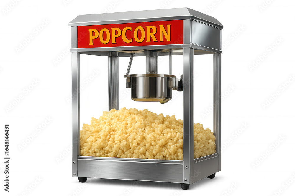 Popcorn machine brimming with golden kernels, spilling fluffy snack ...