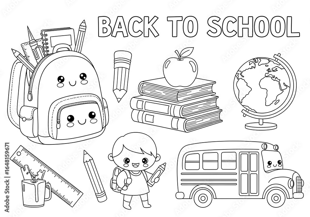 Back to School: Cute Kawaii Coloring Page Illustration of Backpack ...