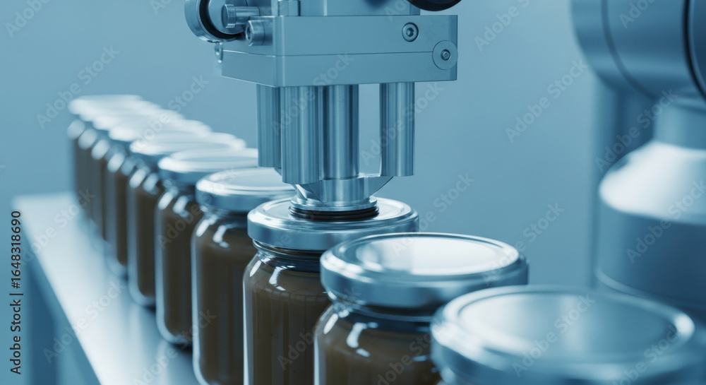 Automated machine system capping glass jars on conveyor belt in modern ...