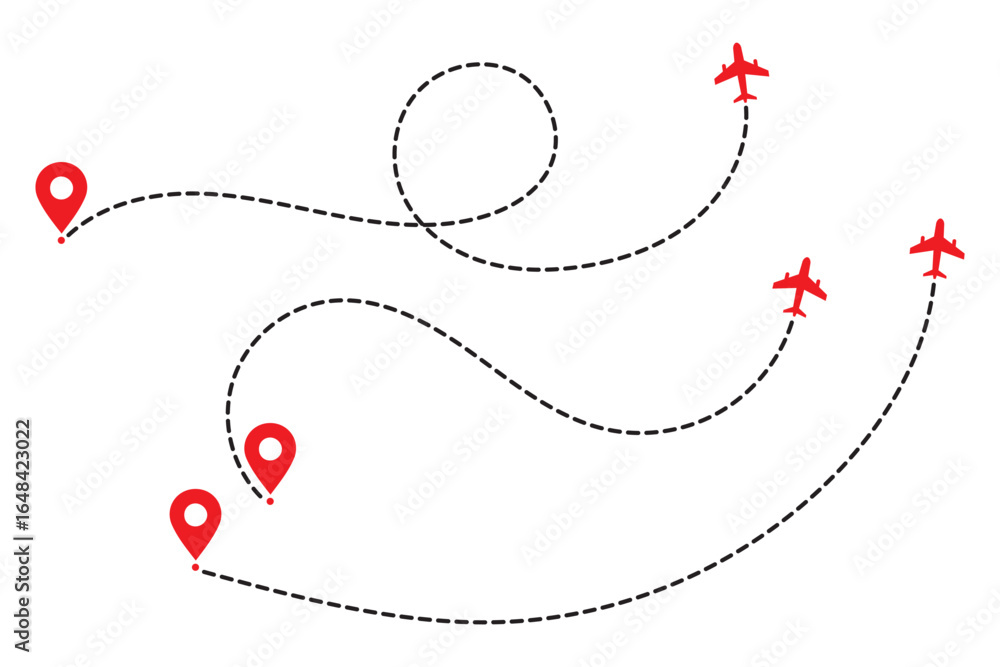 Minimalist airplane travel path with map pins. Dashed route line ...