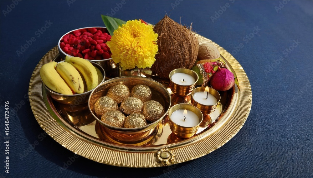 Pooja Thali with Marigold, Fruits, and Traditional Essentials for ...