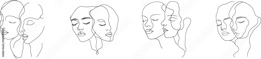 Faces of young women are illustrated in a singular line drawing of the ...