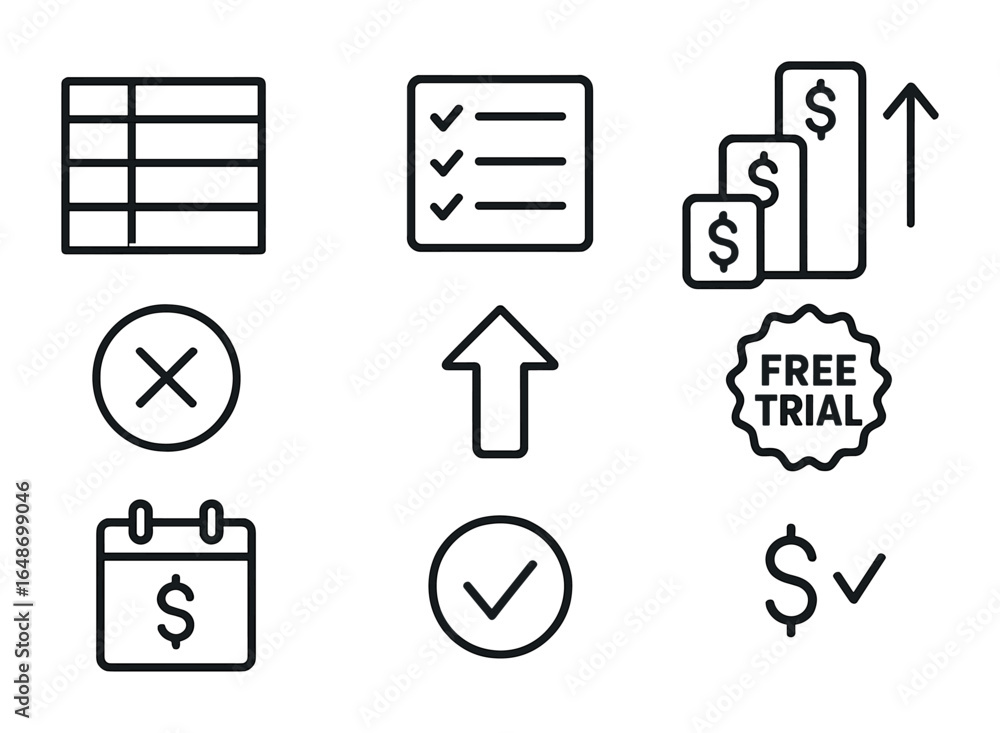Subscription Icons Grid. Outline vector icons of subscription plan ...