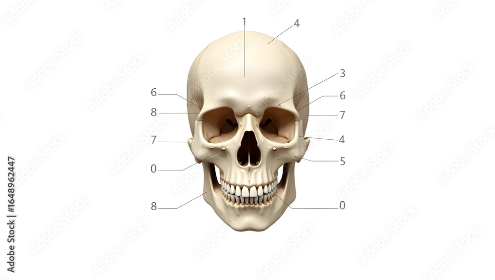Photo Stock Anatomy & Physiology A front-facing human skull with all ...
