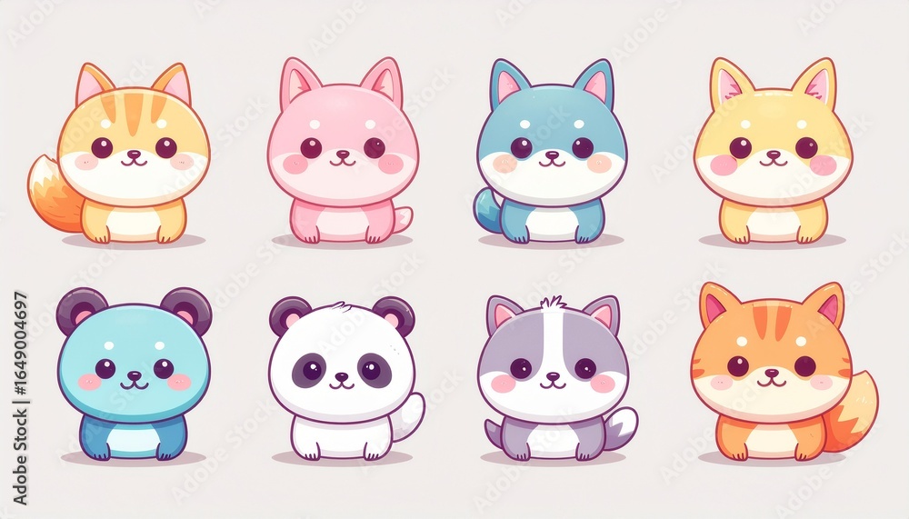 Stockfoto A charming collection of cute kawaii chibi animal characters ...